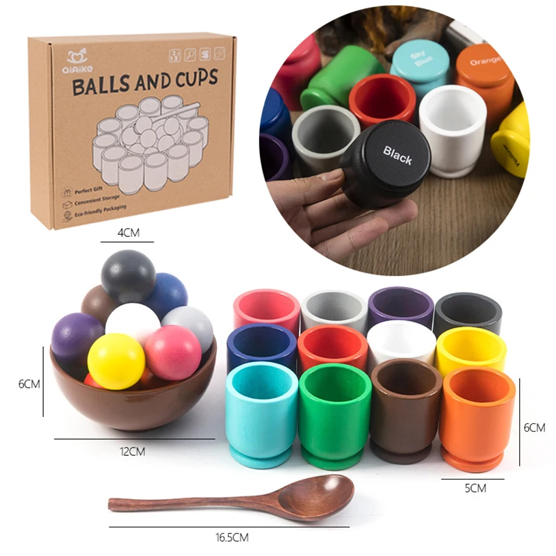 Rainbow Balls In Cups Montessori Toy Wooden Sorter Game 12 Balls Age 1 ...