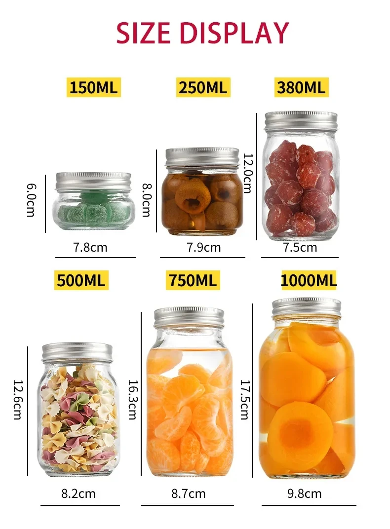 150ml 500ml 1000ml Round Glass Empty Mason Jar Clear Storage Jars with ...