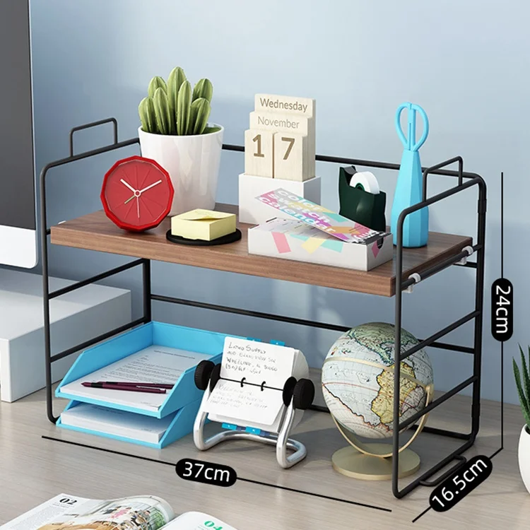 Stackable 2 Tier Home Office Organizer Rack Metal Wooden Storage Shelf ...