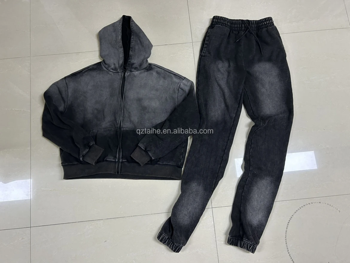 Custom Logo Acid Washed Hoodie and Flared Sweats Sun Faded Tracksuit ...