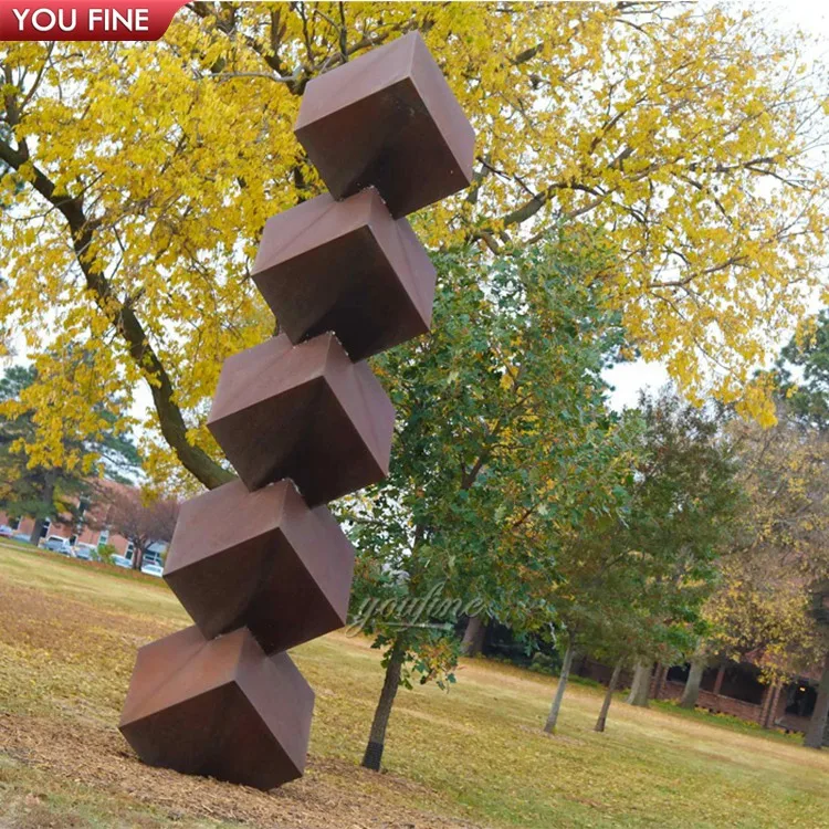 Outdoor Garden Corten Metal Cube Tower Stainless Steel Art Sculptures