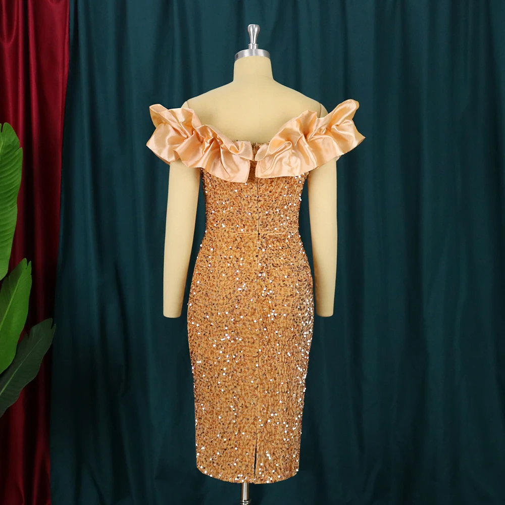 Bare Shoulder Sequin Tulle Ruffle Backless Elegant Women Evening Dress ...