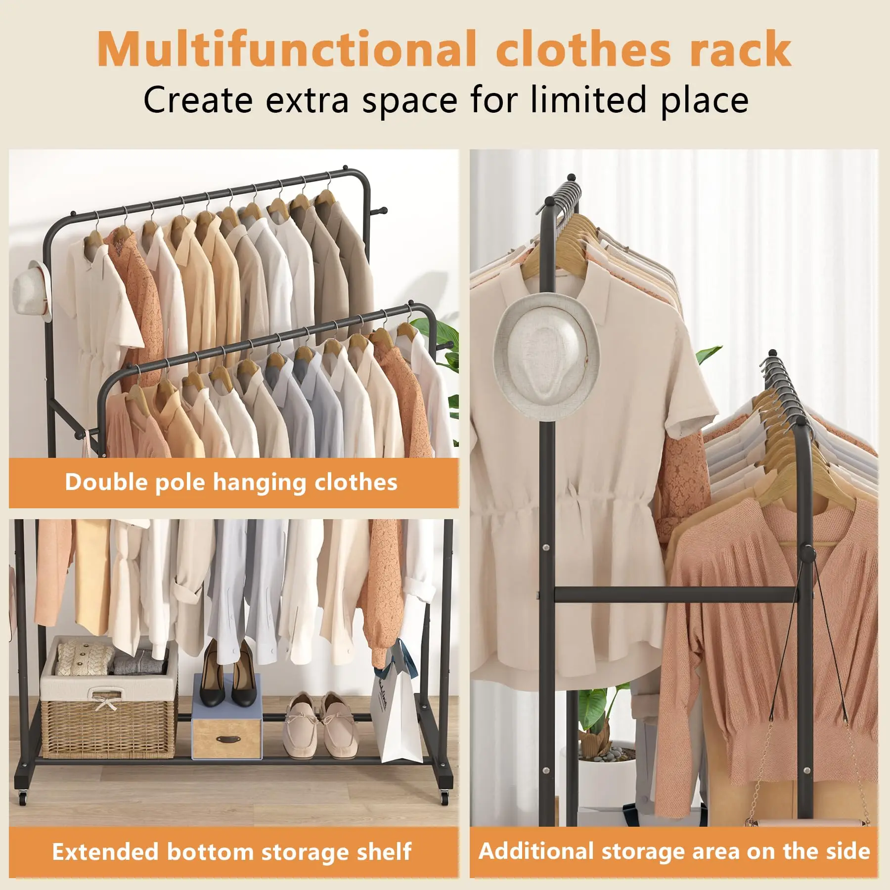 Double Rods Garment Rack With Wheels,Clothing Rack For Hanging Clothes ...