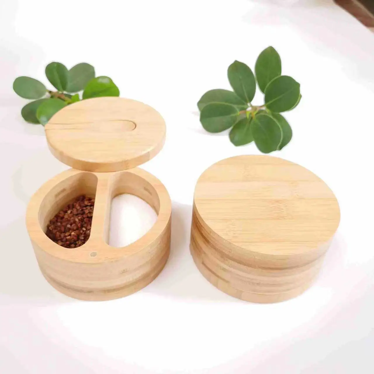 Bamboo Salt Sugar Pepper Box Seasoning Container Storage Box Round ...
