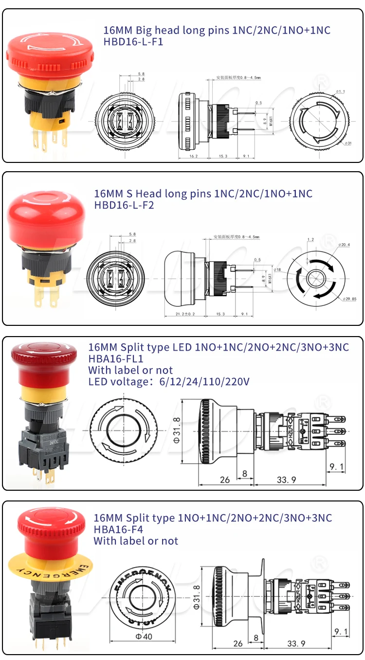 16mm Plastic Emergency Stop Switch Self Locking Latching Button Red Mushroom Head Switch For ...