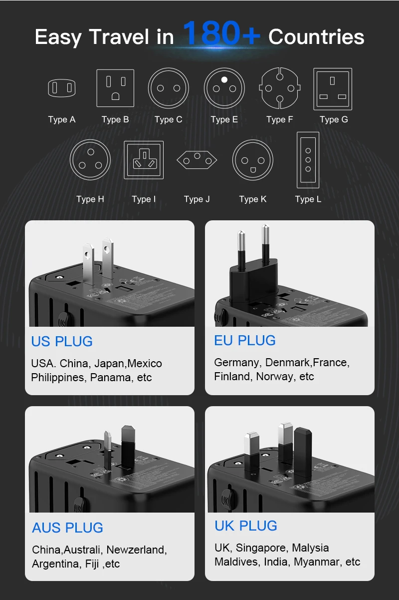 Ouliyo Universal Travel Adapter Plug Adapter Dual Usb Actype-c Pd Wall ...