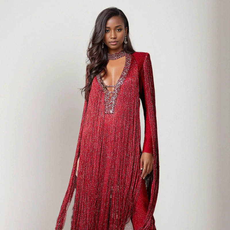 C3521 Dropshipping Red Beaded Knitted Jumpsuit Tassel Sexy Deep V Ladies Party Jumpsuit| Alibaba.com