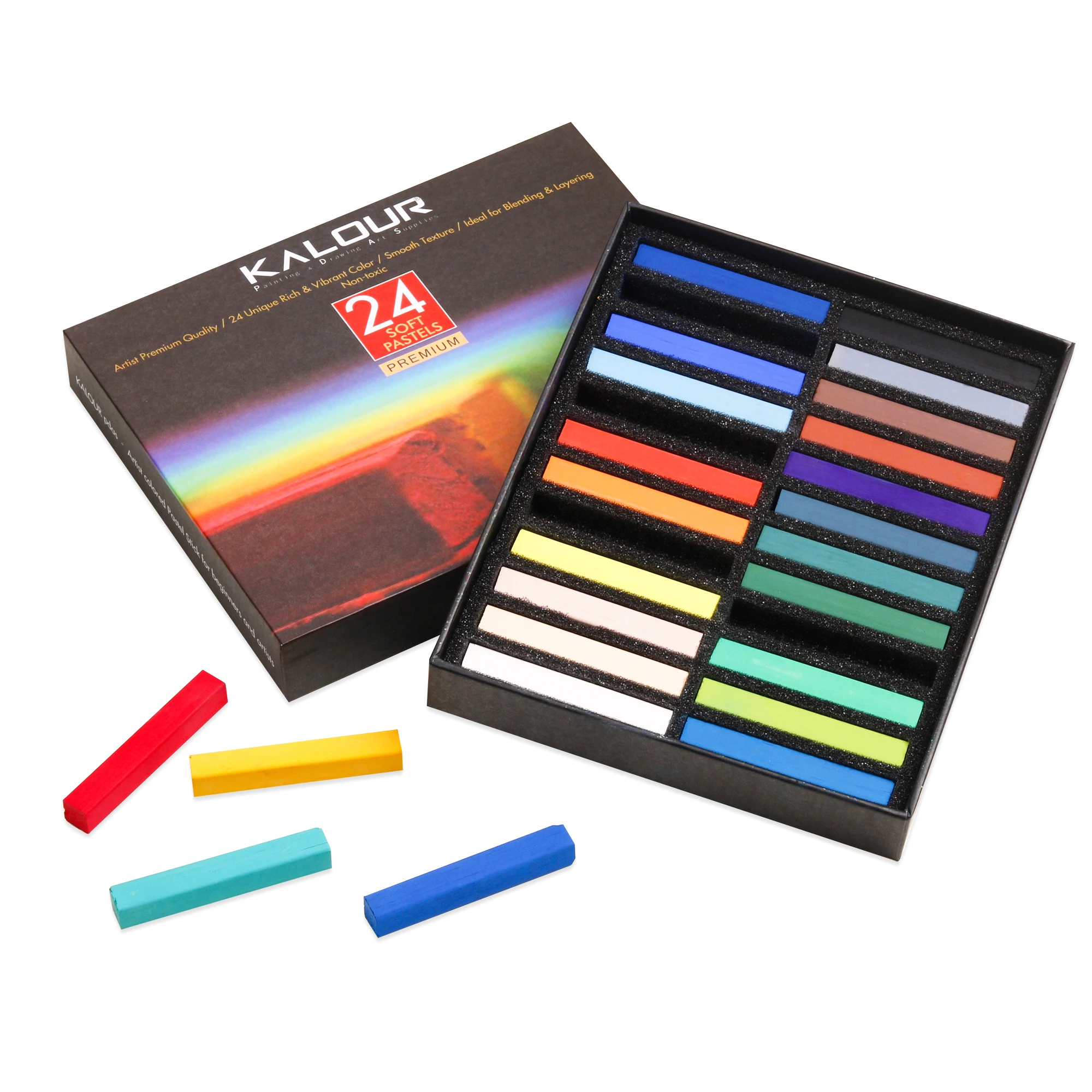 KALOUR Colored Charcoal Sticks & Soft Pastels - 24pcs Set