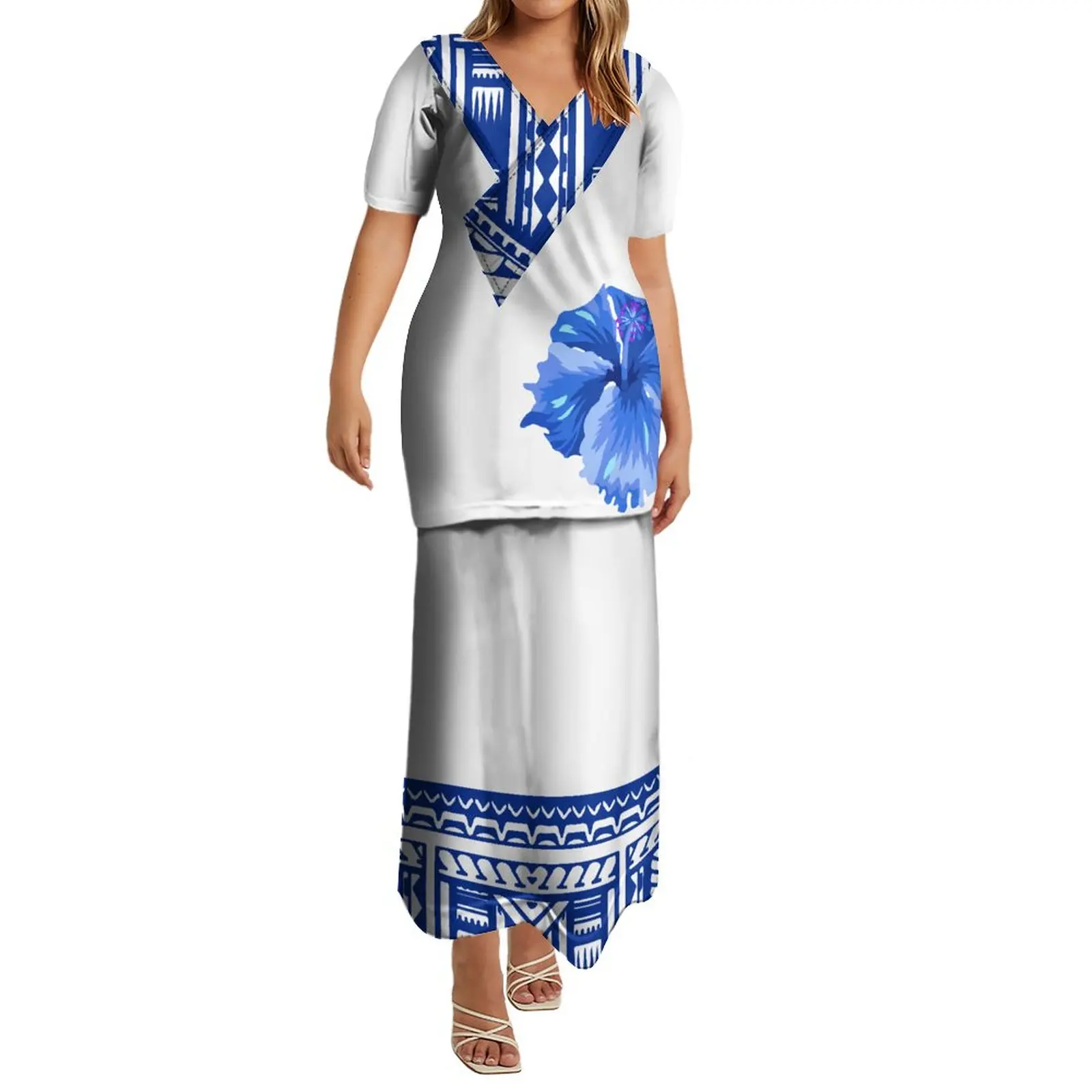 Pacific Island Flower Printed Hawaiian Dress V Neck Short Sleeve ...