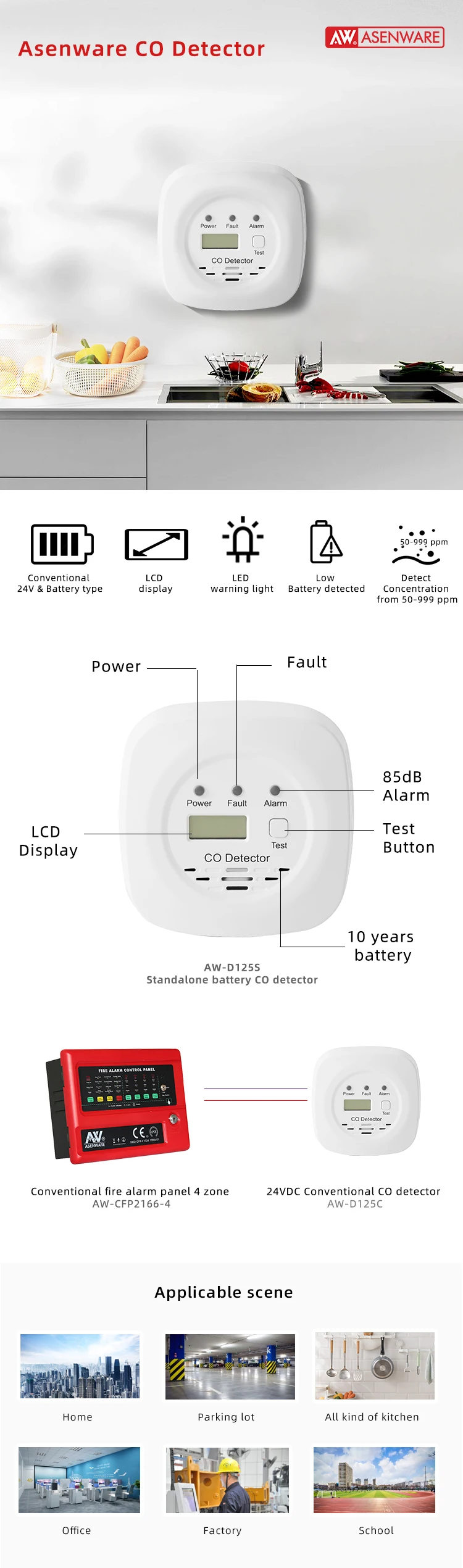 Conventional 4 Wire 24v Co Detector Alarm With Relay Output Fire Alarm ...