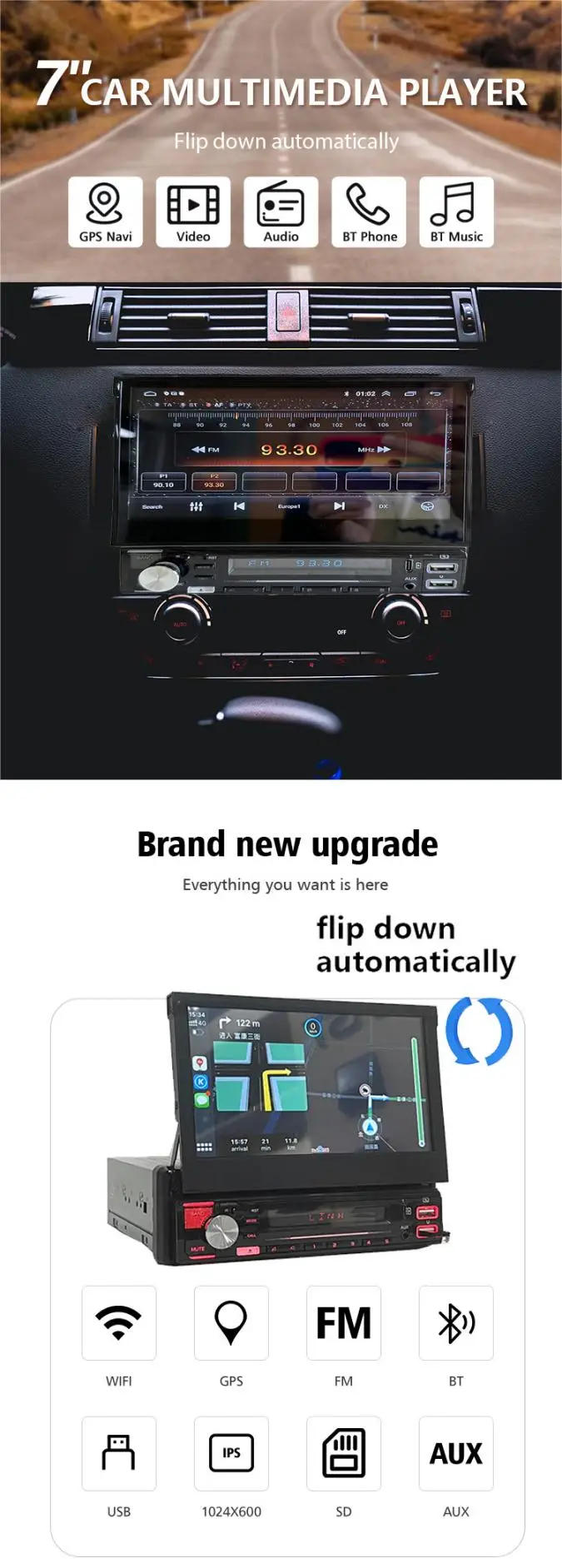 Universal 7inch Car Radio Player Retractable 1 Din Android Car Radio Retractable Car DVD Player ...