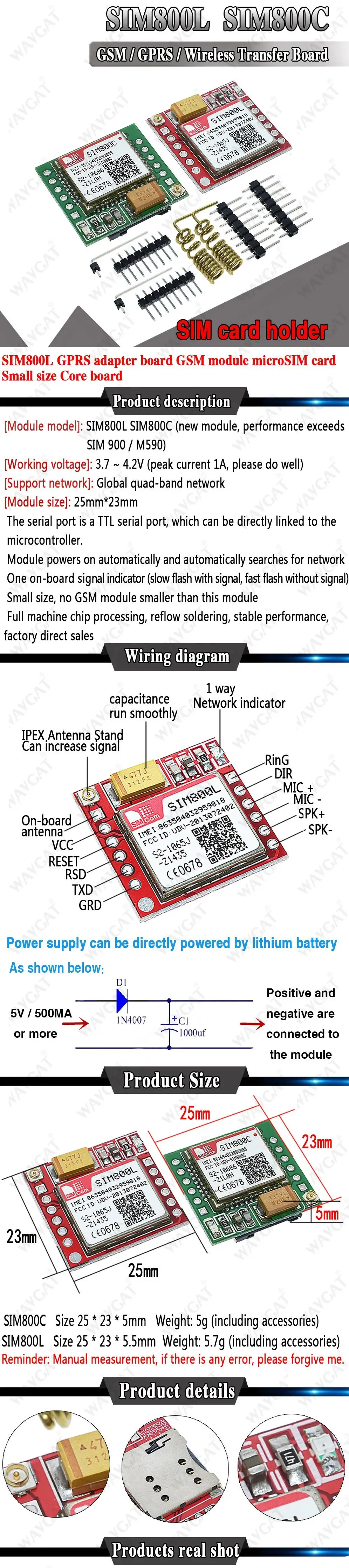 WAVGAT SIM800L SIM800C GPRS GSM Module - Quad-Band Core Board