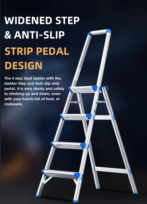 High Quality Aluminium Step Ladder With Long Handrail Foldable Non-slip ...