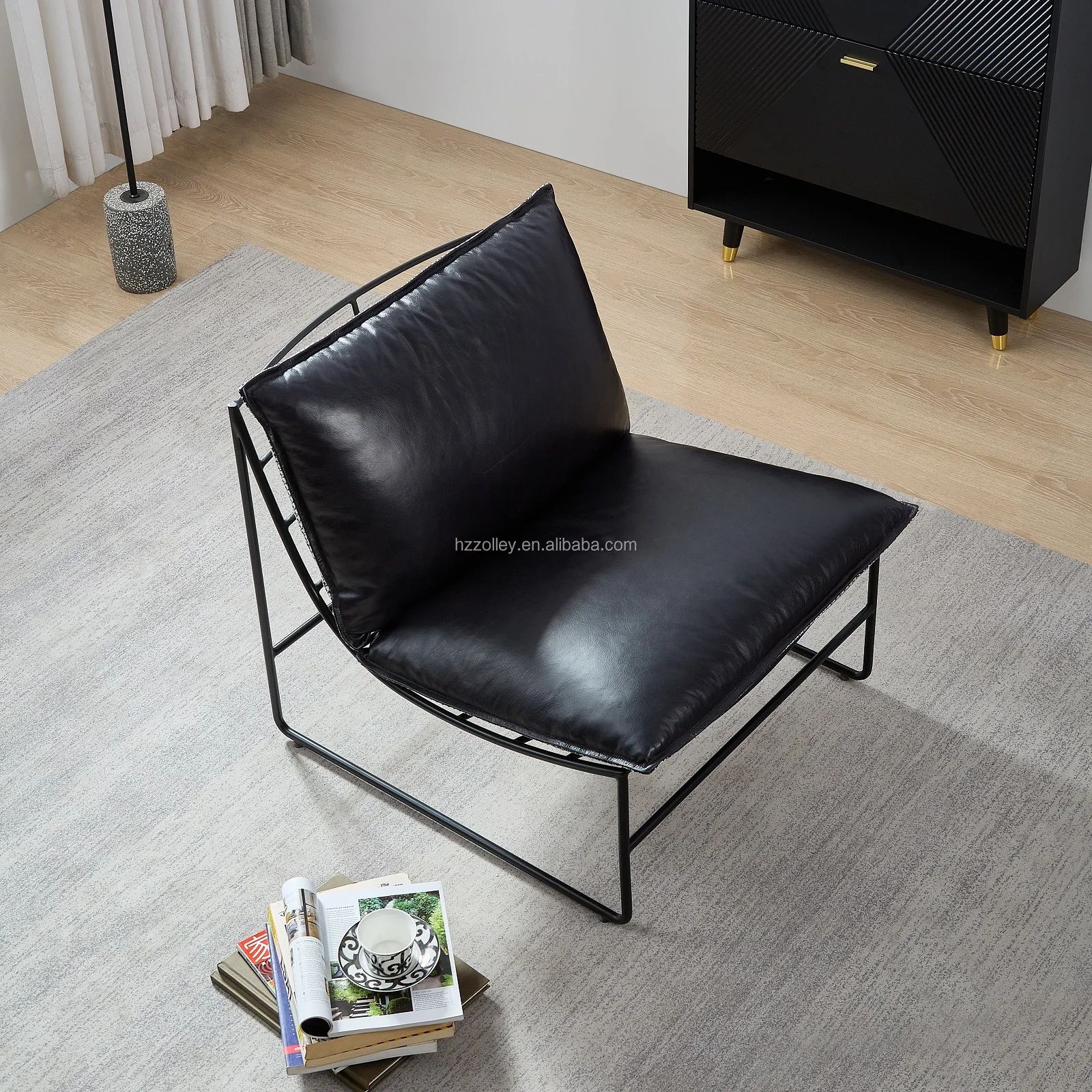Modern Black Leather and Fabric Two Side Single Chair Iron Metal Frame ...