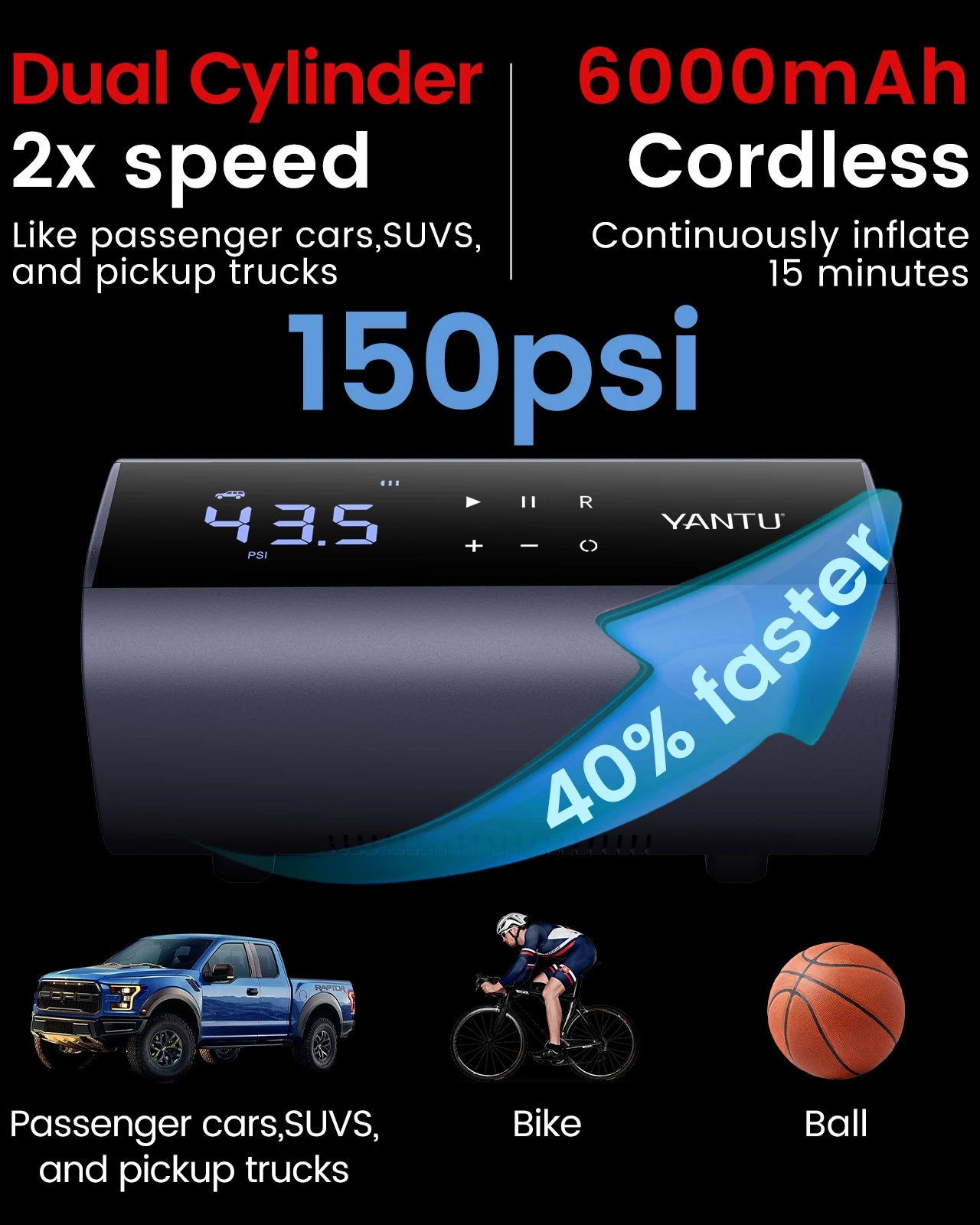 Yantu A22 Double Cylinder12v Cordless Portable Tyre Air Compressor ...