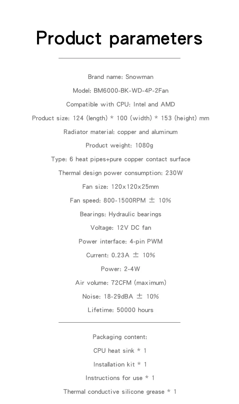 Snowman Bm6000 Dual Fan Cpu Cooler - Quiet,Non-rgb,6 Heatpipe,Pwm ...