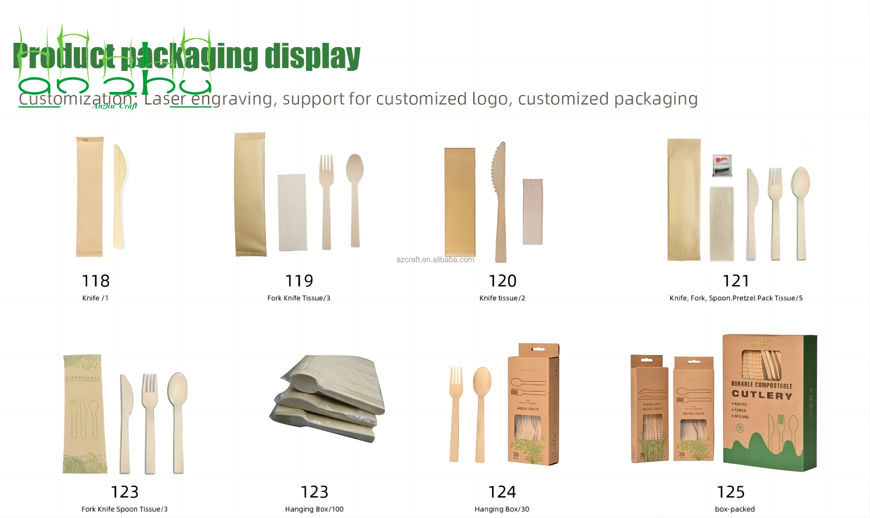 100% Bamboo Utensil - Carbonized Forks Green Disposable Cutlery Spoon ...