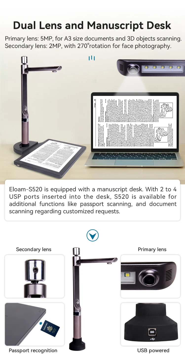 Eloam S520R A4 Dual Lens 5MP Face Scan Document Scanner Gray USB 2.0 ...