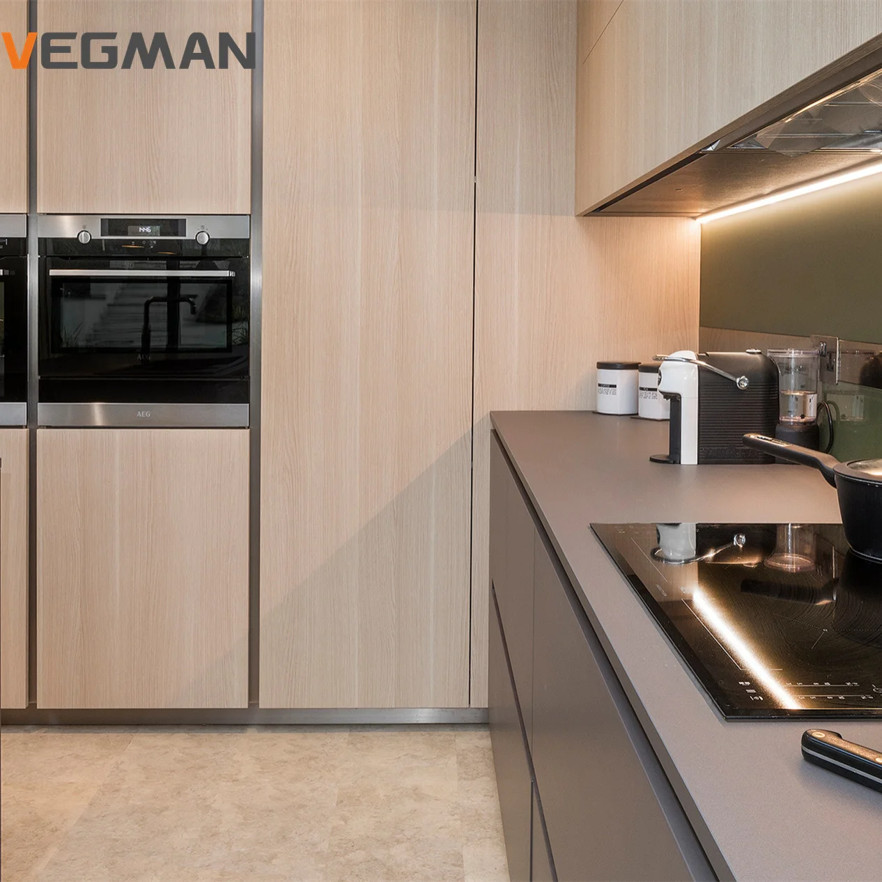 L Shaped Kitchen Custom Furniture Wooden Grain Smart Cabinet Matte Base ...