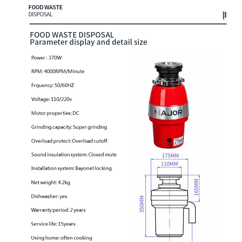 Garbage Disposal Disposer High Quality Control Food Waste Shredder 220V ...
