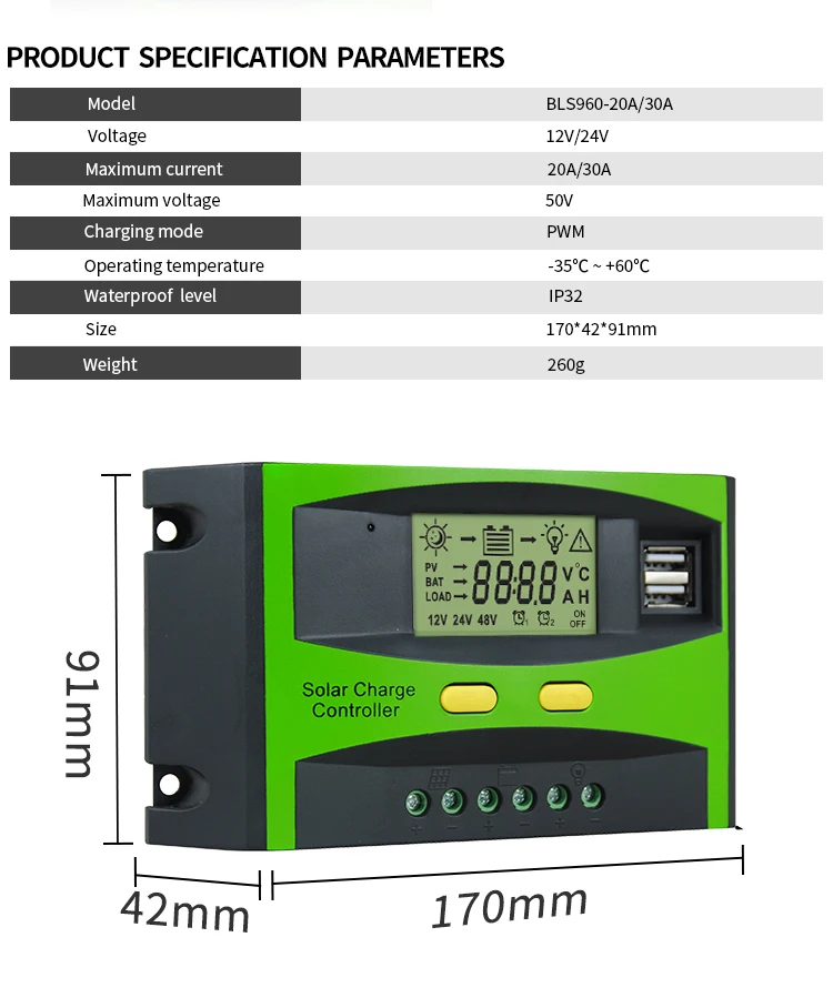 DEMUDA Solar Panel Regulator - Reliable 20A 30A PWM Controller