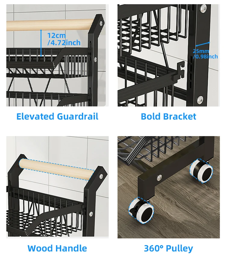 4 Tier Metal Rolling Pantry Utility Kitchen Cart Adjustable Fruit ...