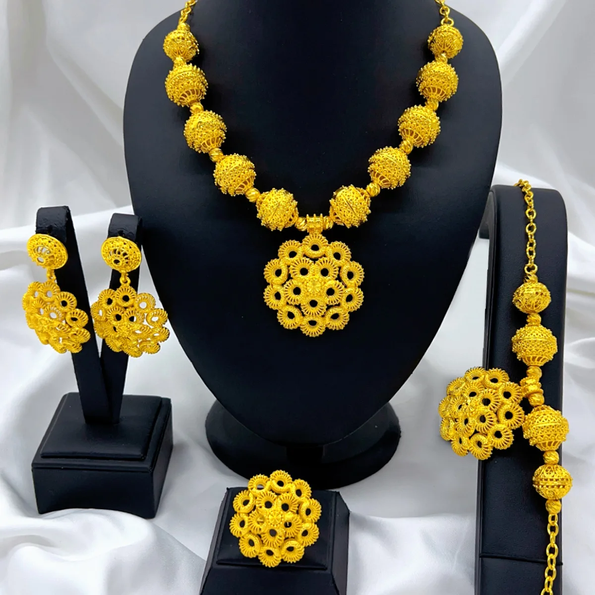 Dubai Indian African Bead Necklace Earrings Jewelry Set for Women 24K ...