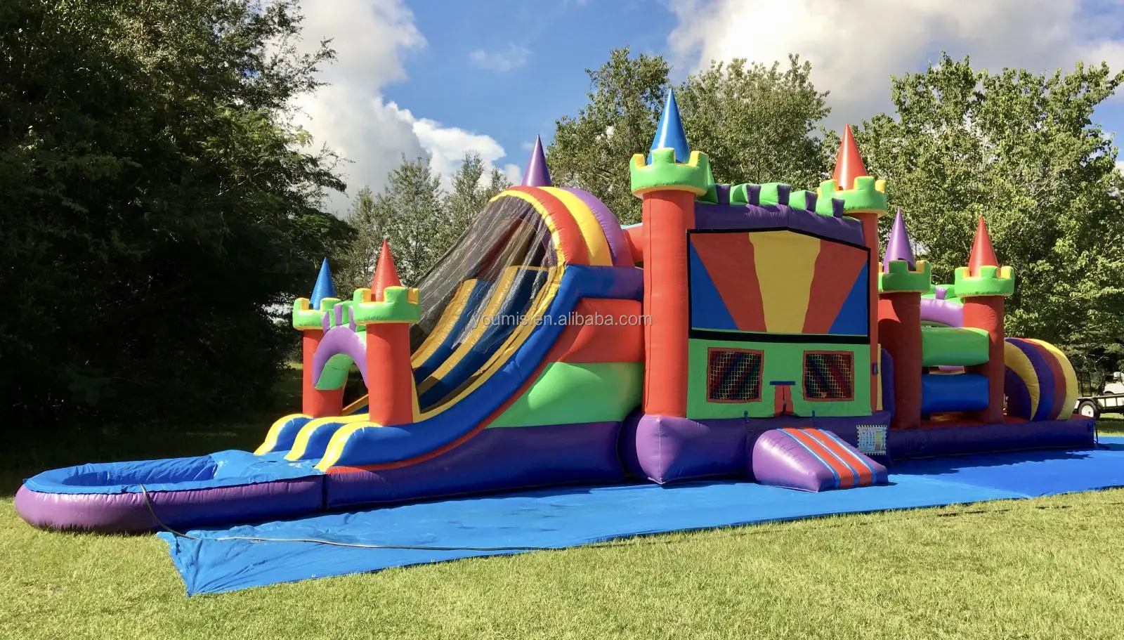 50 Ft Colorful Castle Combo Obstacle Course Bouncer With Water Slide ...