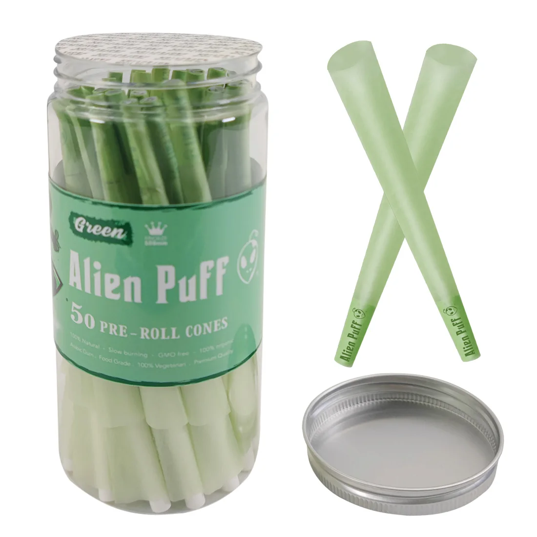 Alien Puff 109mm Green Rolled Cones 50 Cones Per Jar Smoking Rolling ...