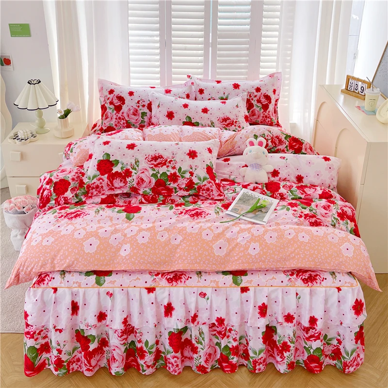 Floral bed cover bedspread Rose customized 4 pieces bed skirt sheet set ...