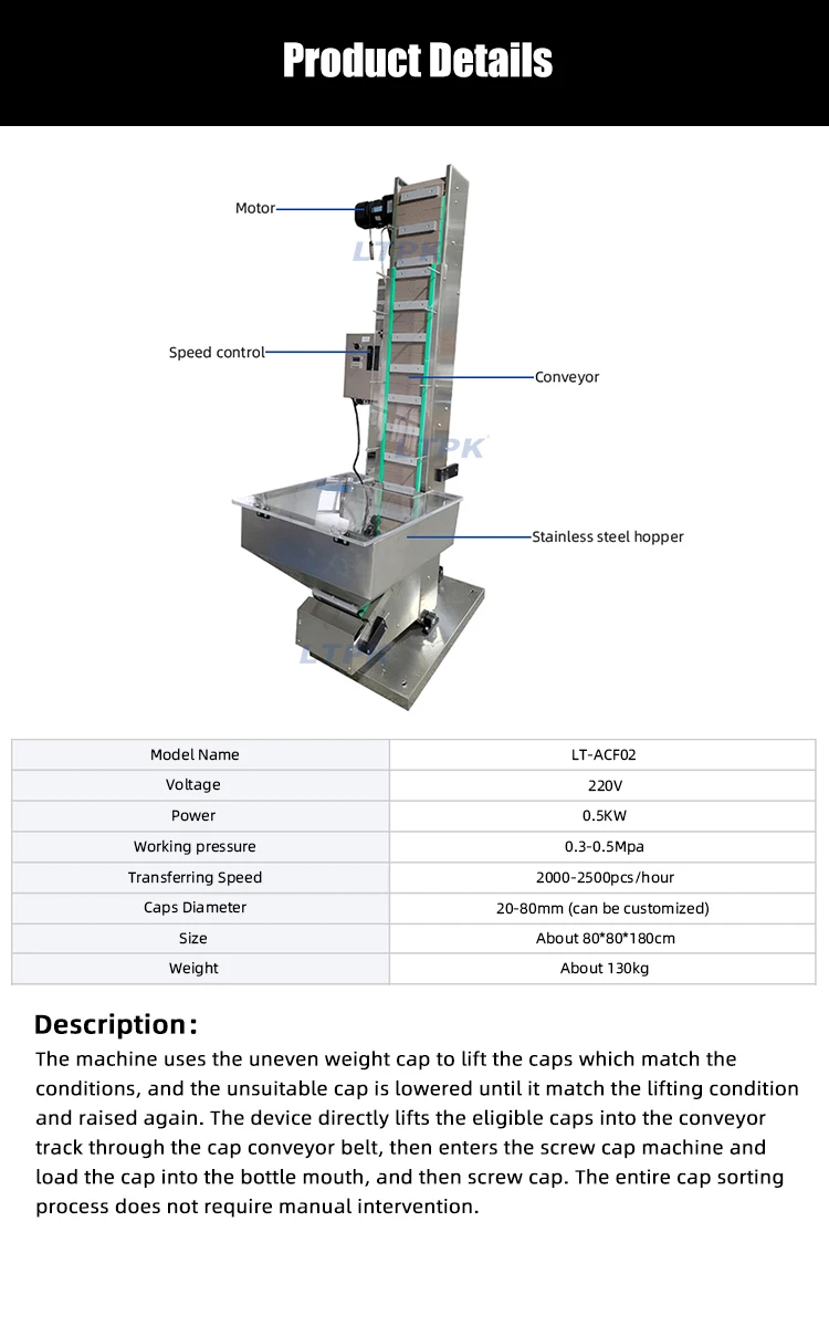 LT-ACF02 Capping Elevator Sorter Lid Arrange Machine High Speed Automatic Plastic Metal Capping ...