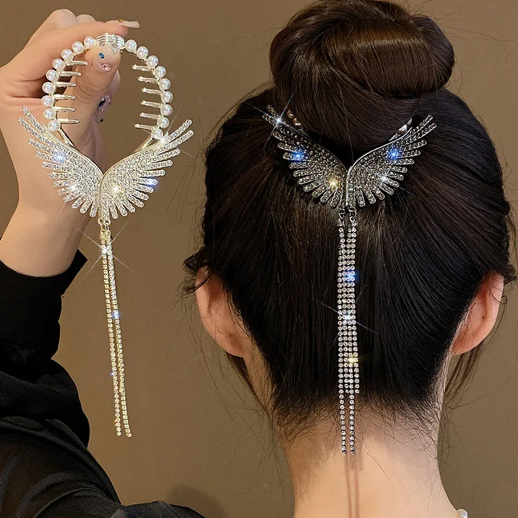 Shiny Full Rhinestone Angel Wing Hair Clip Elegant Tassel Pearl ...
