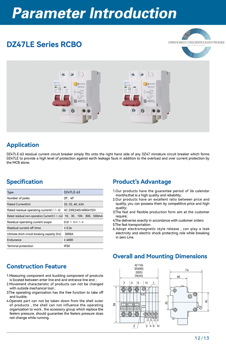 Open Electric DZ47LE-63 400V 2P+N 40A 30ma RCBO Circuit Breaker