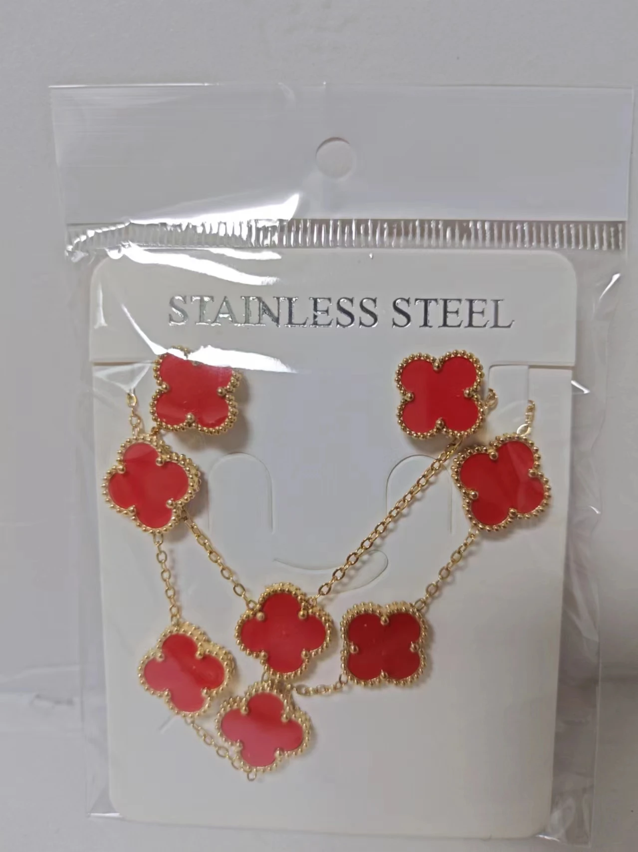 15mm Lucky Four Leaf Clover Jewelry Set 18k Gold Plated Stainless Steel ...