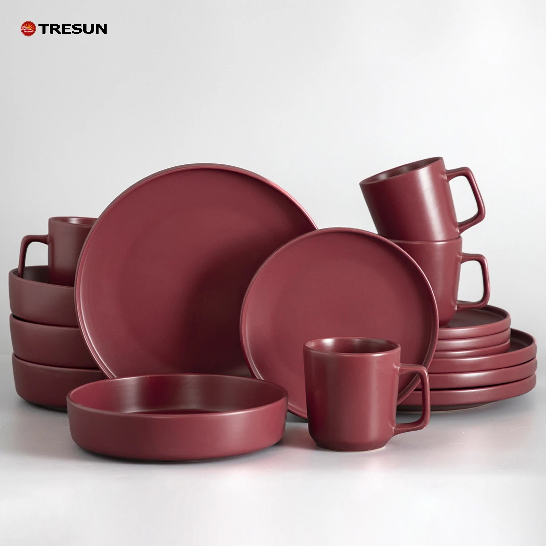 16 Pcs Crockery Rustic Stone Wine Red Western Dinning Dinner Plates ...