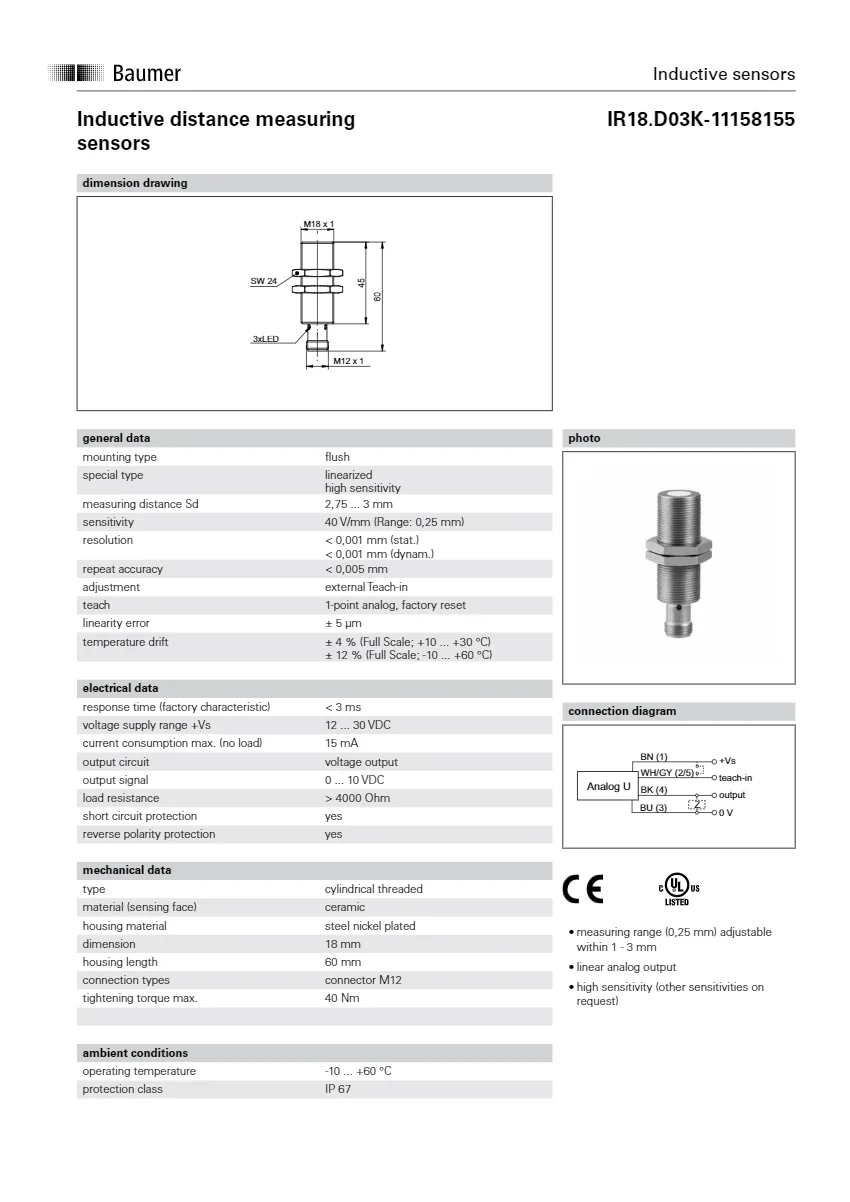 Baumer Inductive Distance Sensors Ir12.d06l-q60.ia1e.7bf - Buy Baumer ...