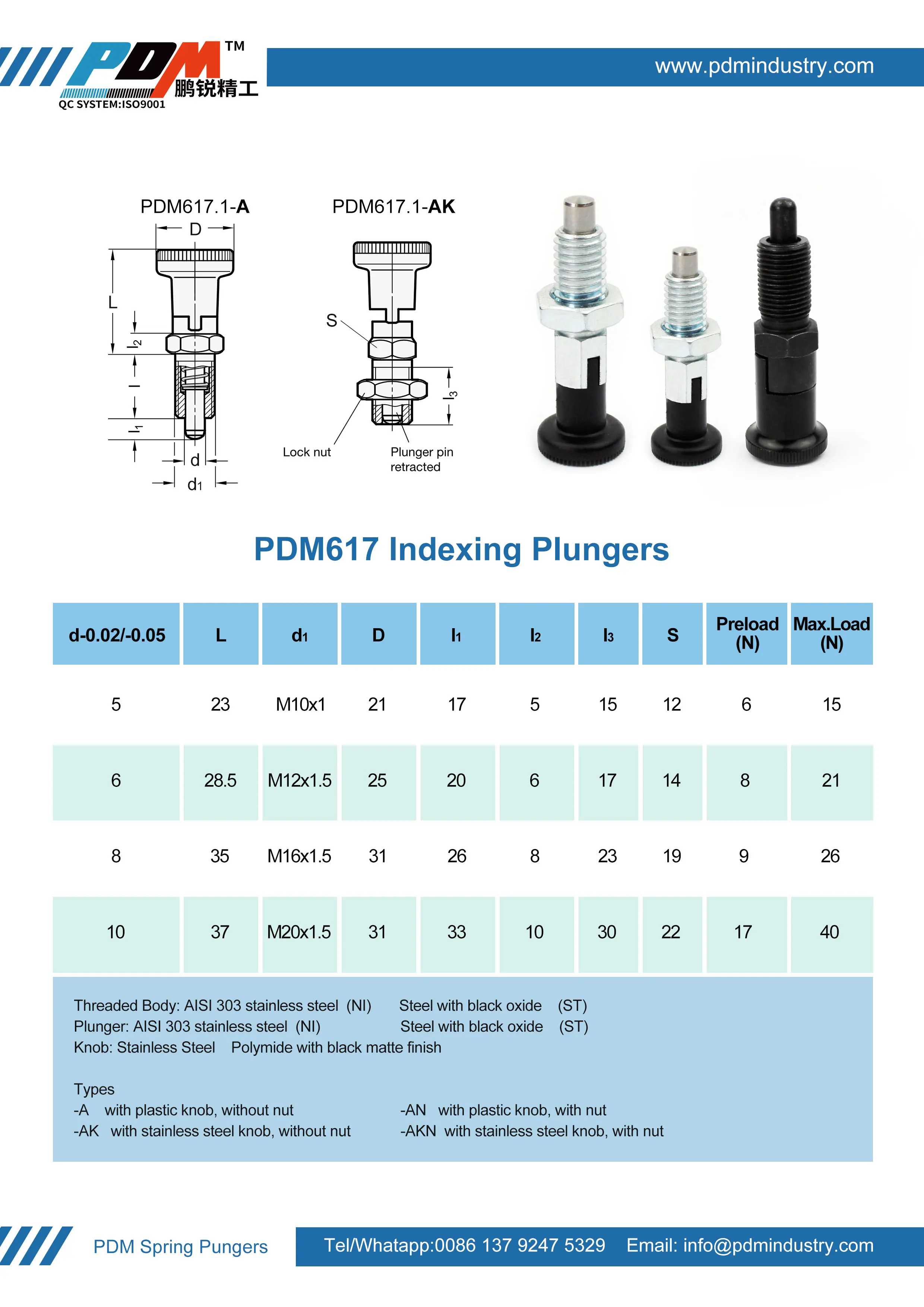 Stainless Steel Spring Loaded Indexing Plunger - PDM