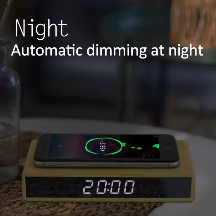 Bamboo Clock 10W Mobile Phone Wireless Charging Alarm Clock Digital ...