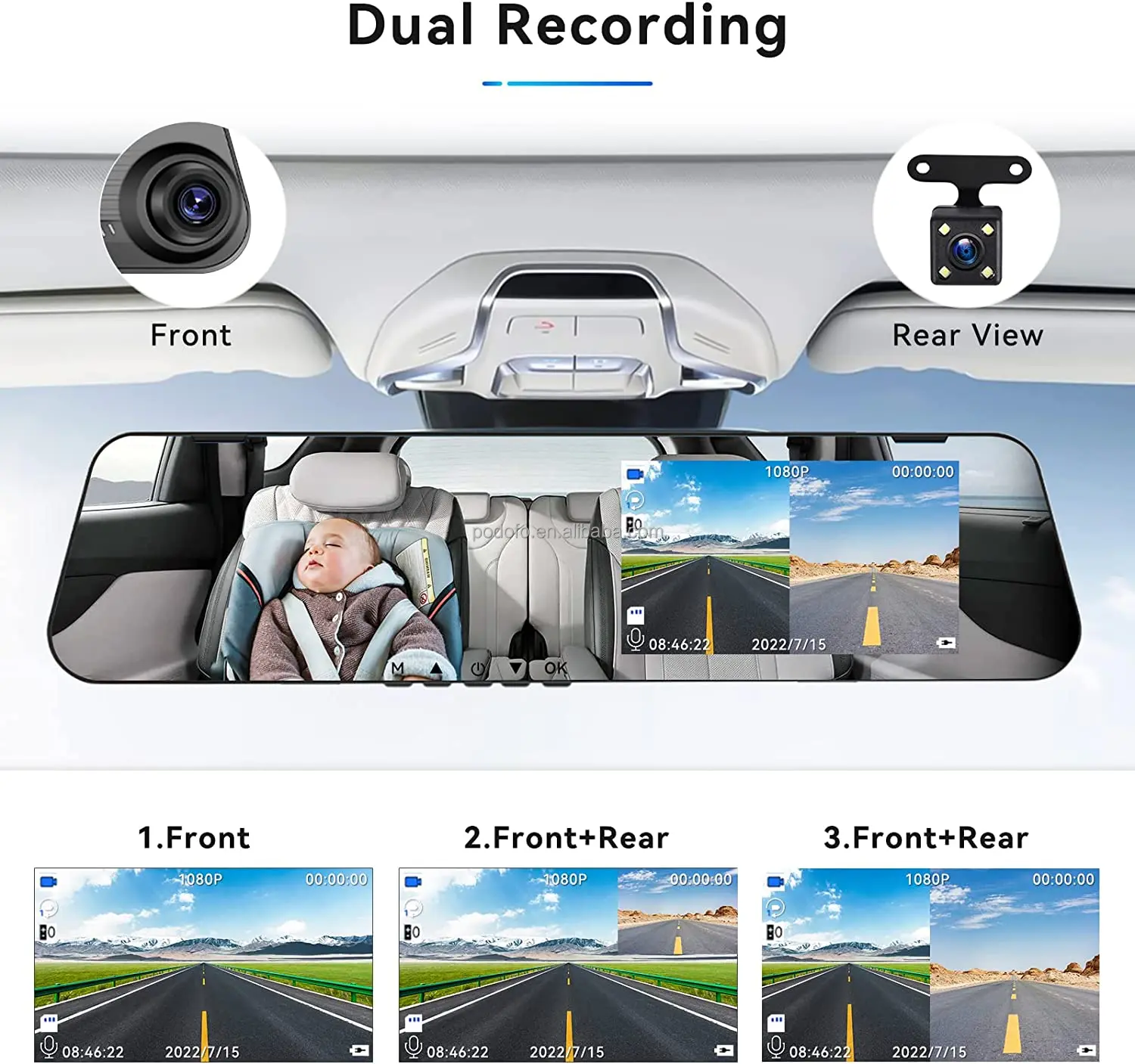 Podofo 4.5" Car Black Box Full Hd 1080p Dual Lens Dash Cam Front And ...