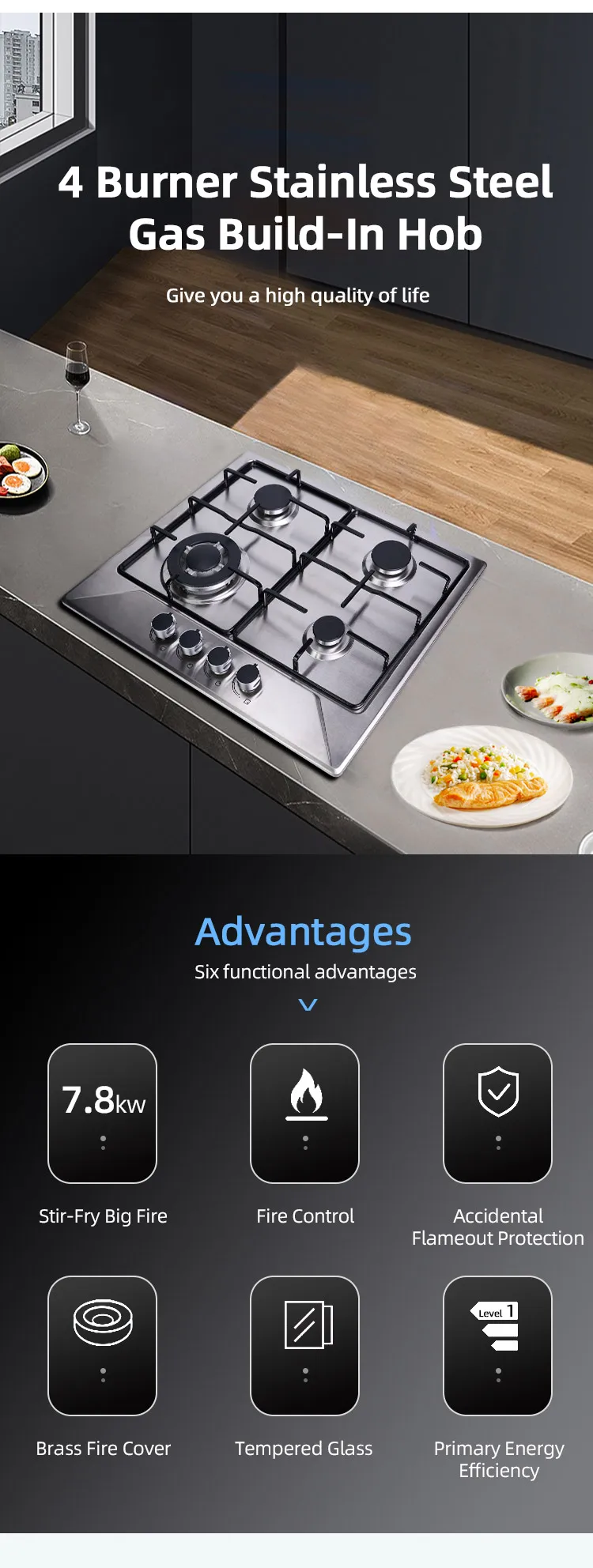 High Quality 4 Burner Stove Domestic Gas Cooker Thickened Stainless ...