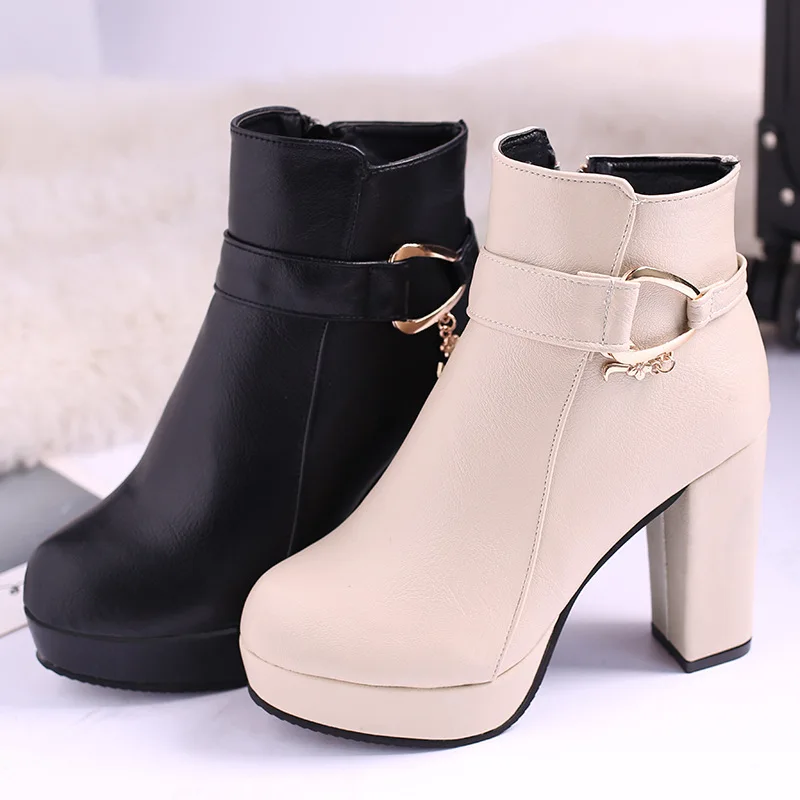 Winter New Short Boots Women's Leather High-heeled Thick-heeled Round ...