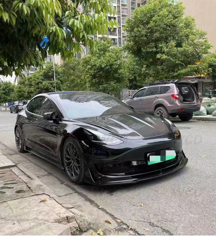 CMS Style Carbon Fiber Front Bumper Hood Bonnet for Tesla Model 3