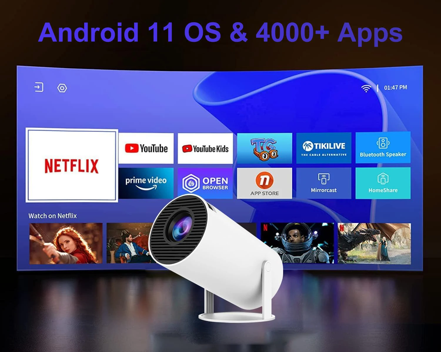 Aokang Datashow Transpeed Video Mini Projector - 4K Android 11