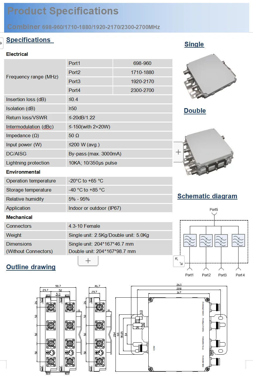 High Quality 698 2700mhz Hybrid Quadruple Frequency Diplexer Combiner Waterproof Four Port