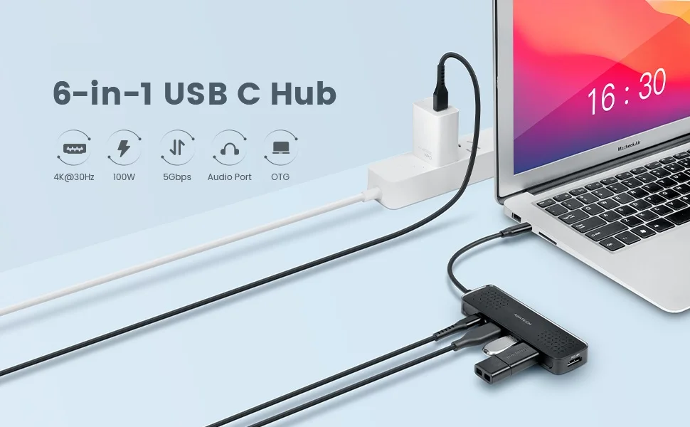 铝制分路器USB C集线器适配器6合1 USB3.0 * 3 USB C PD电源4K HDM和笔记本电脑和电话3.5毫米插孔| Alibaba.com