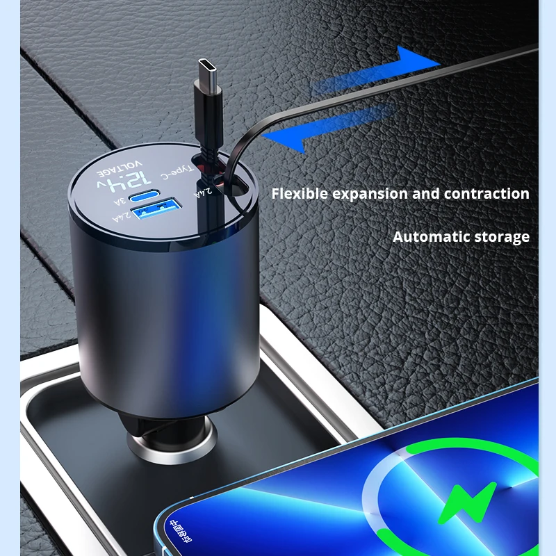 Portable Pull-out Round Car Adapter 120w Fast Charging For Iphone For Type C Charger Digital ...