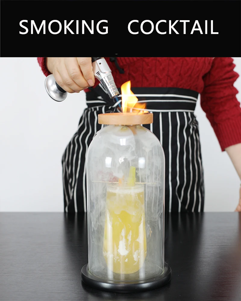 Glass Display Dome Cloche for Smoking Drinks with Wooden Base