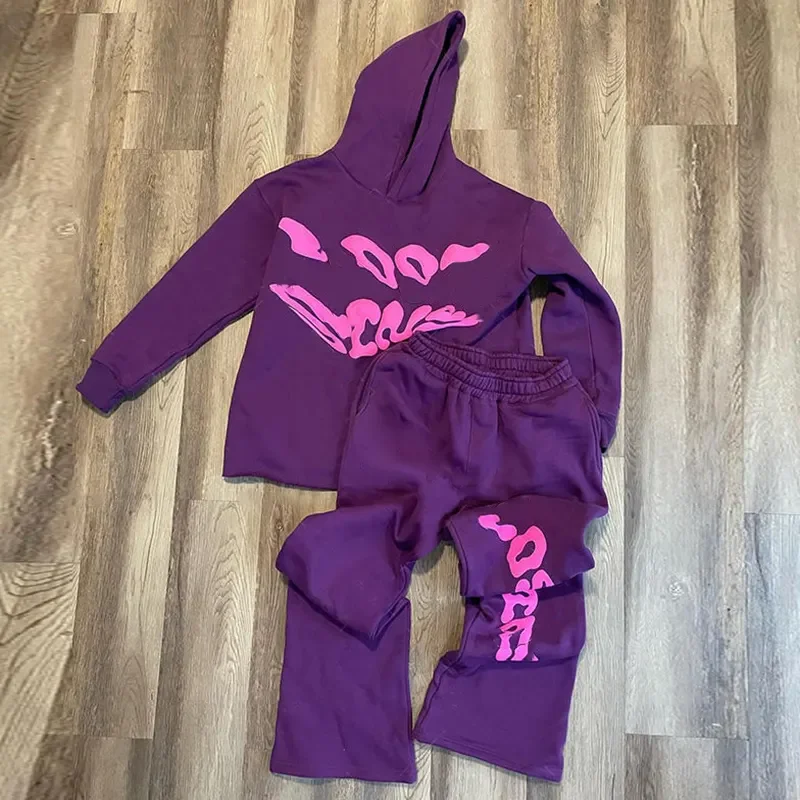 Custom Design Cotton Print Cut Raw Hem Edge Hoodie Puff Print Pant Men ...