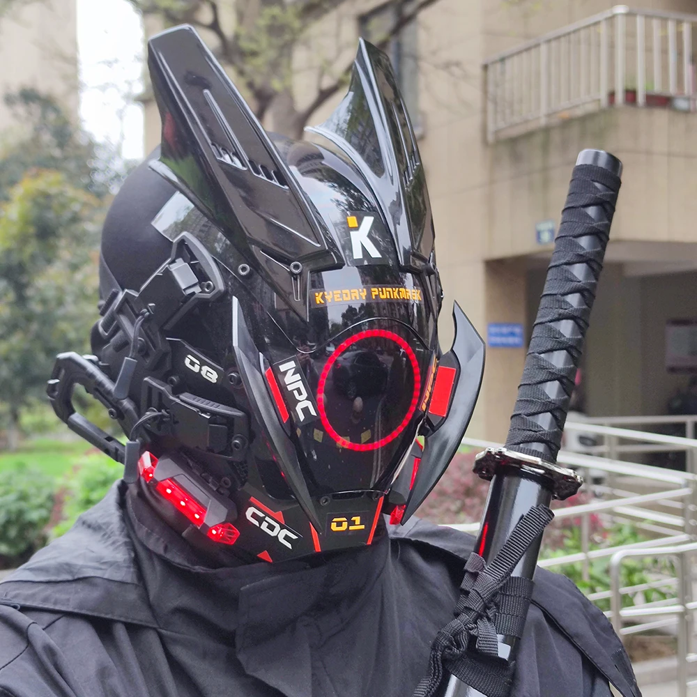 Cosplay Led Round Light Glowing Mask Black Full Face Men's Cyberpunk ...