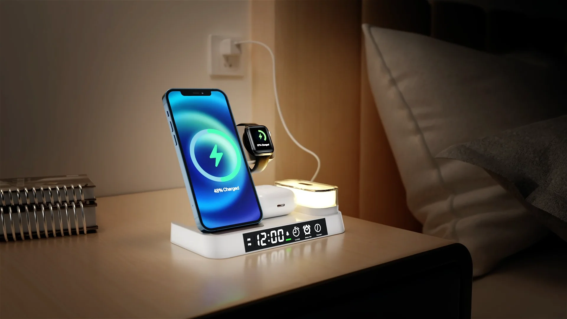 Led Night Light Wireless Charger With Alarm Clock,4 In 1 Qi Wireless ...